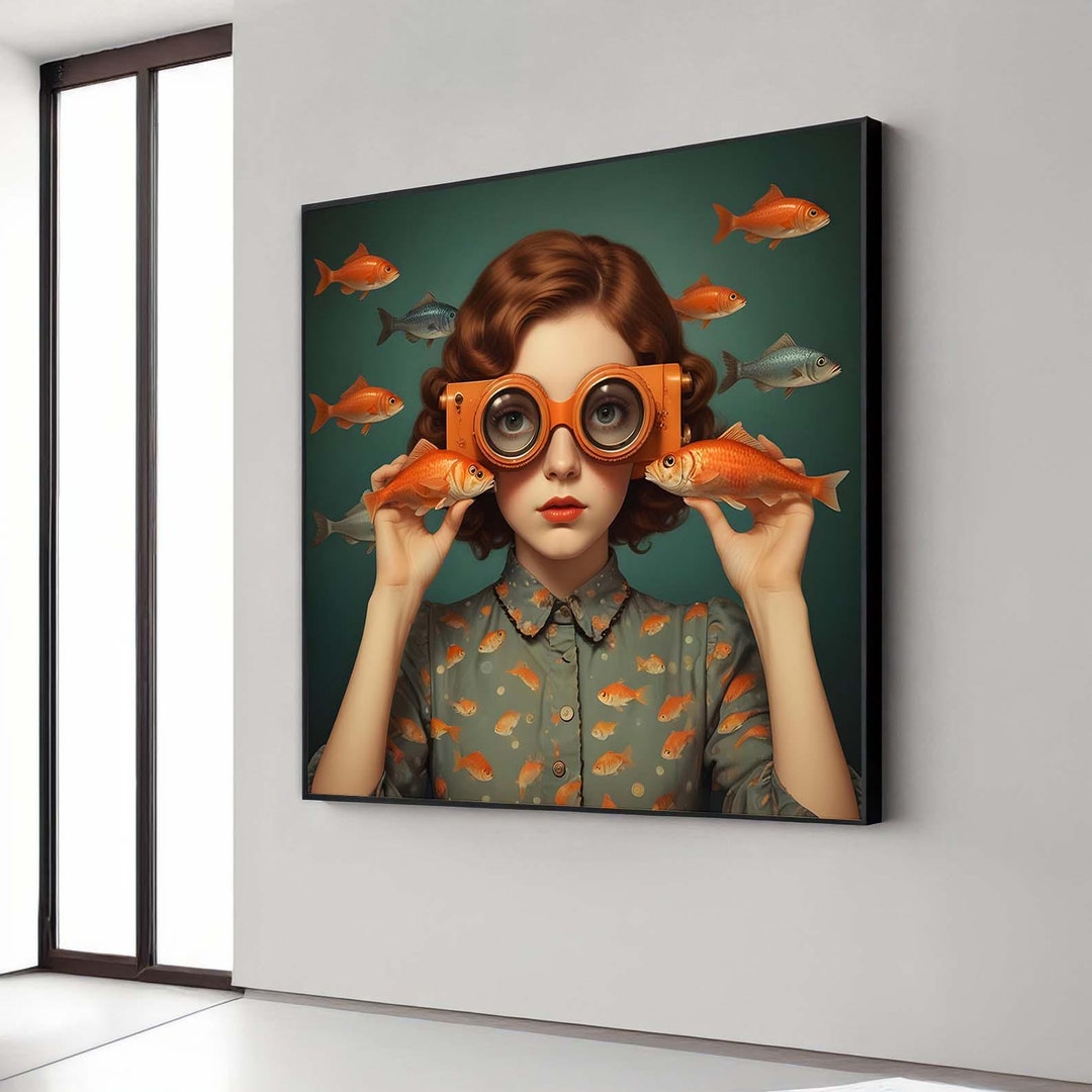 Surreal Woman Art, Surreal Woman With Fish, Oceanic Portrait Canvas ...