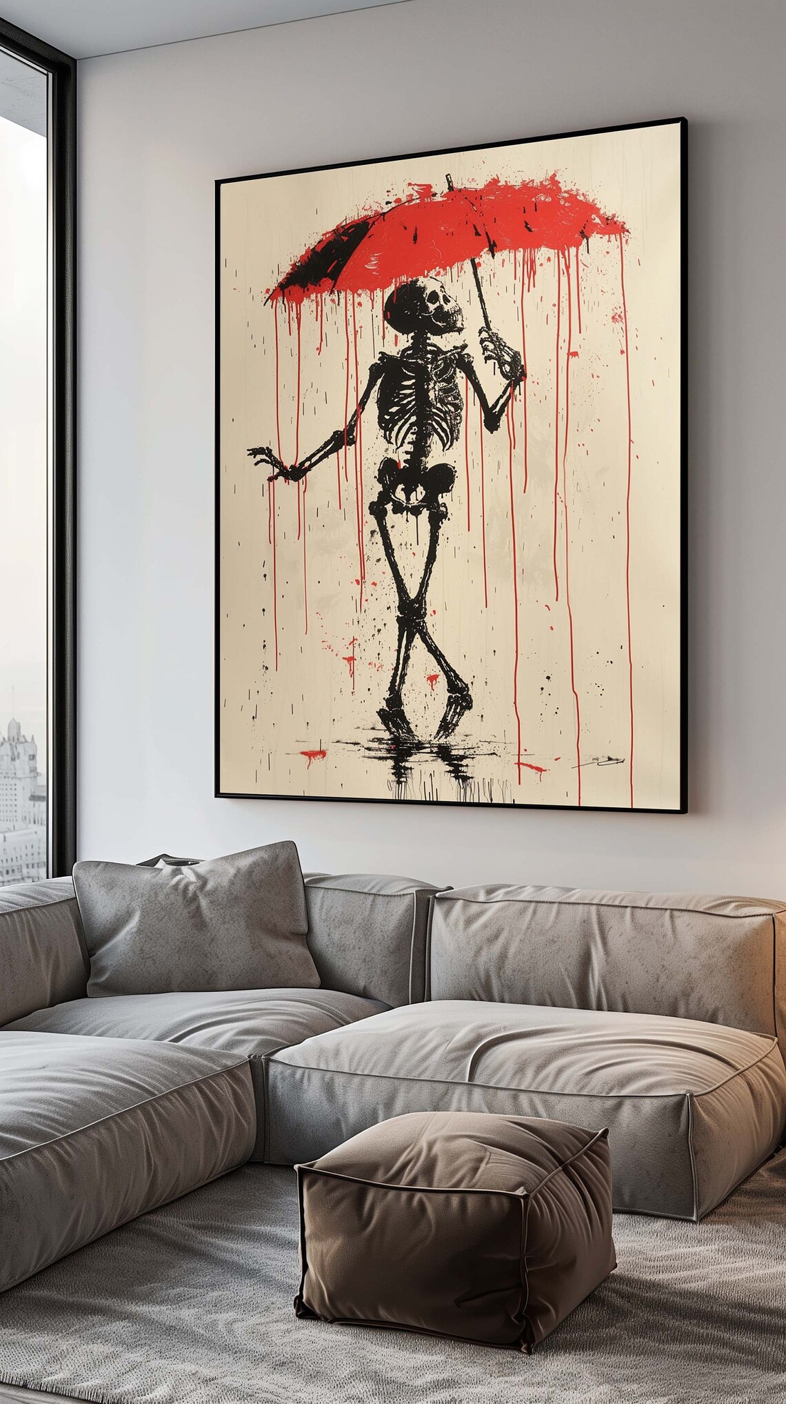 Skeleton With Red Umbrella Canvas, Edgy Skeleton Art, Bold Skeleton ...