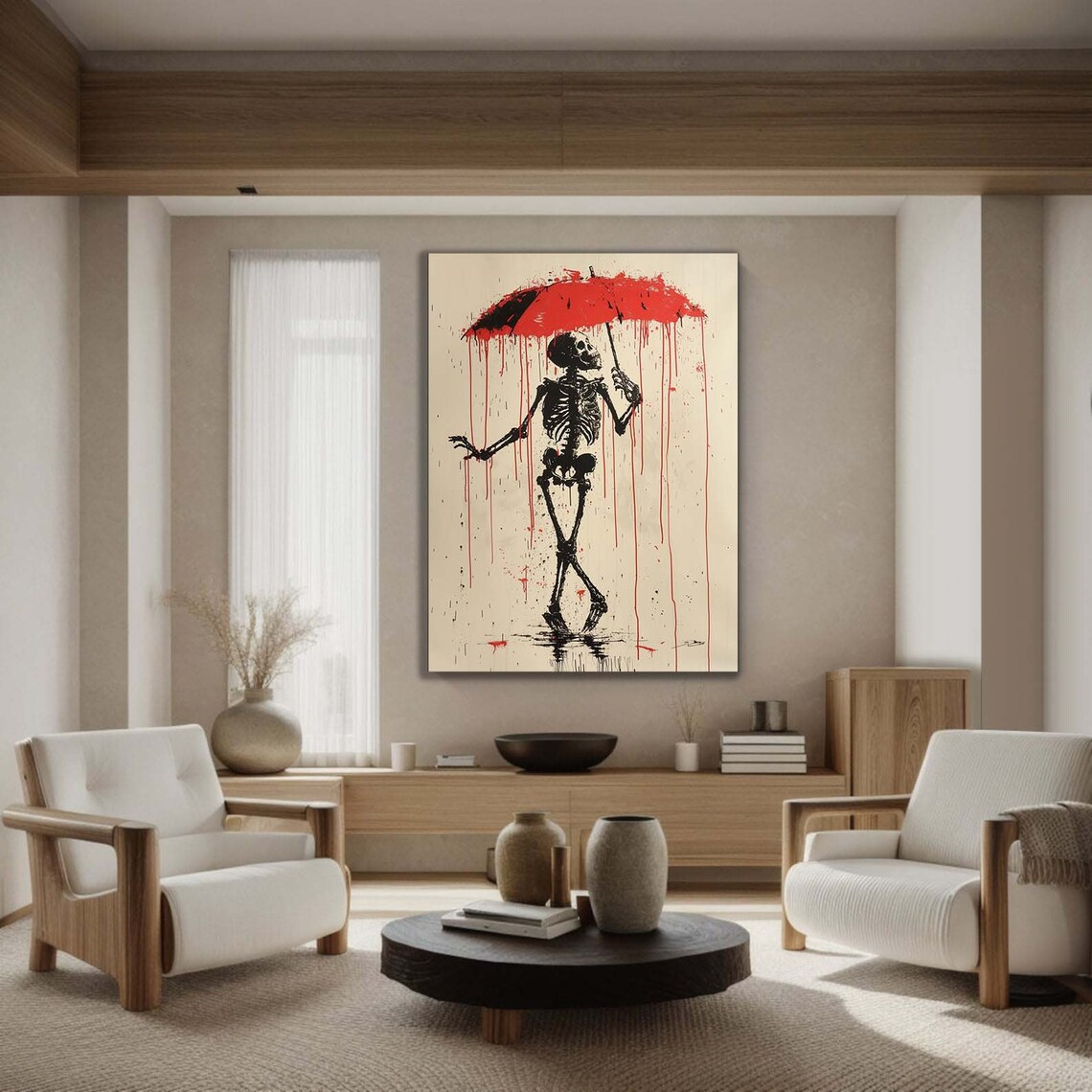 Skeleton With Red Umbrella Canvas, Edgy Skeleton Art, Bold Skeleton ...