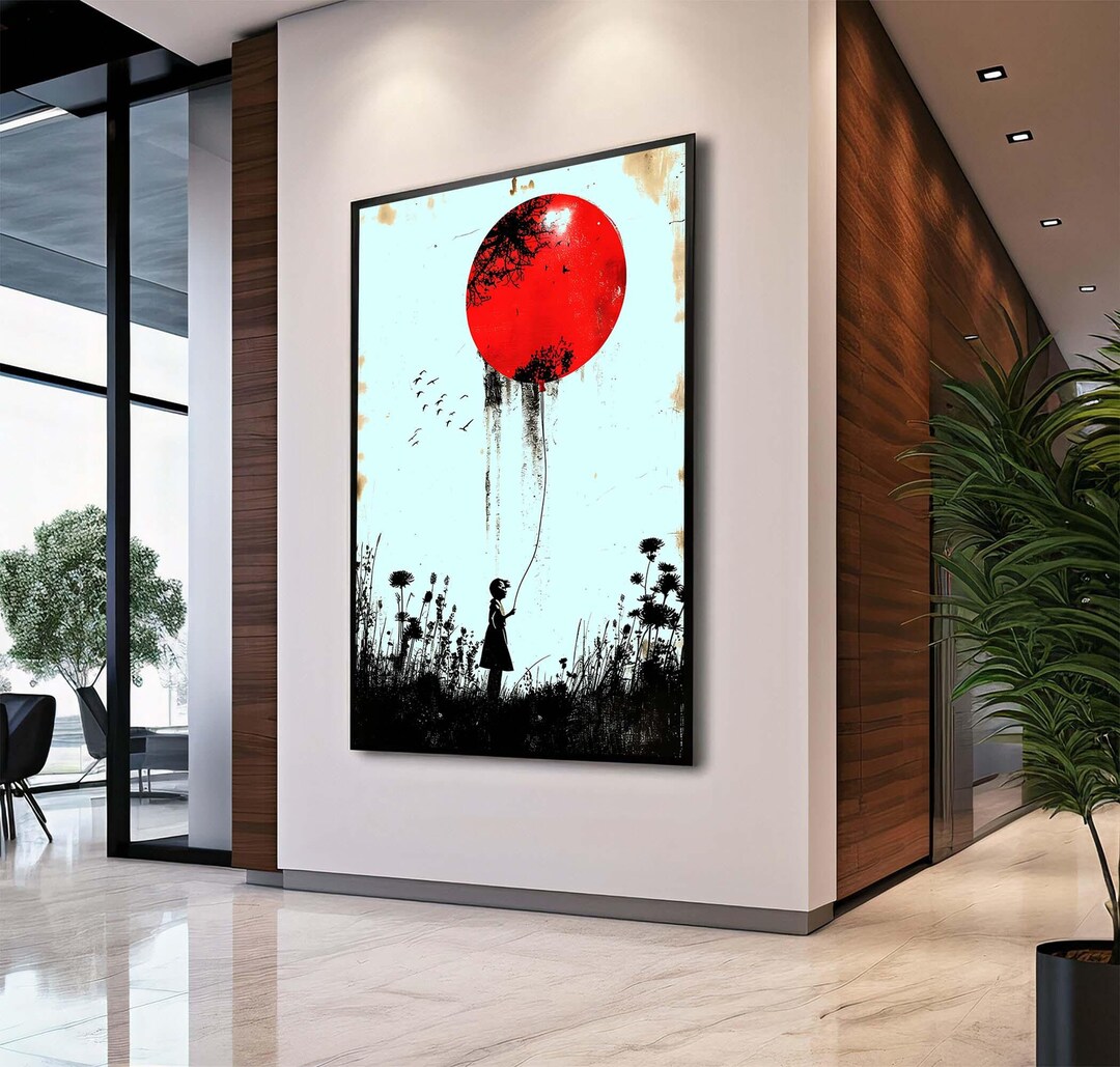 Girl With Red Balloon Art, Minimalist Urban Canvas, Nature-inspired ...