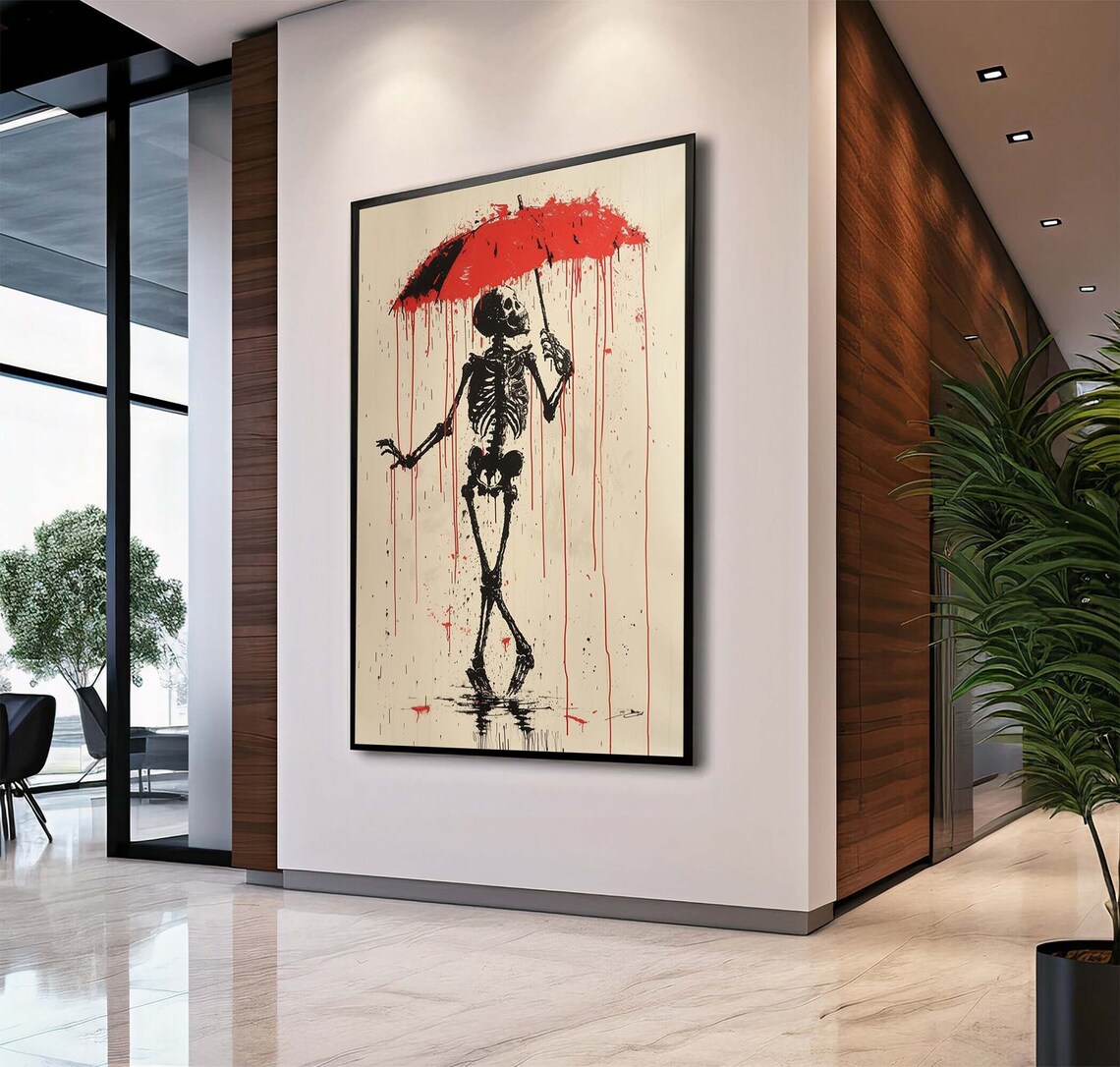 Skeleton With Red Umbrella Canvas, Edgy Skeleton Art, Bold Skeleton ...