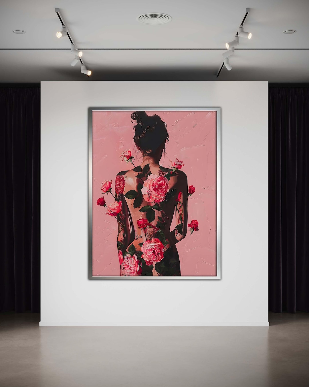 Floral Nude Art Rose Embraced Silhouette Feminine Wall Decor