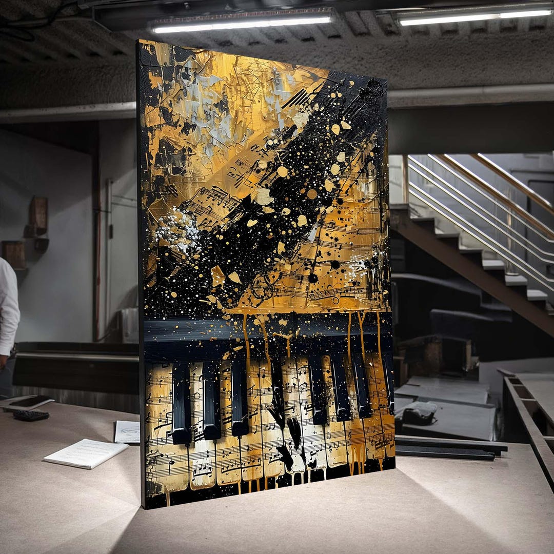 Abstract Piano Art, Musical Notes Canvas, Gold and Black Wall Art ...