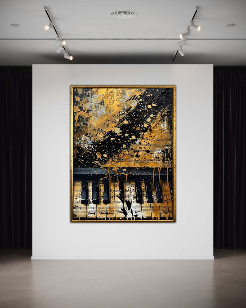 Abstract Piano Art, Musical Notes Canvas, Gold and Black Wall Art ...