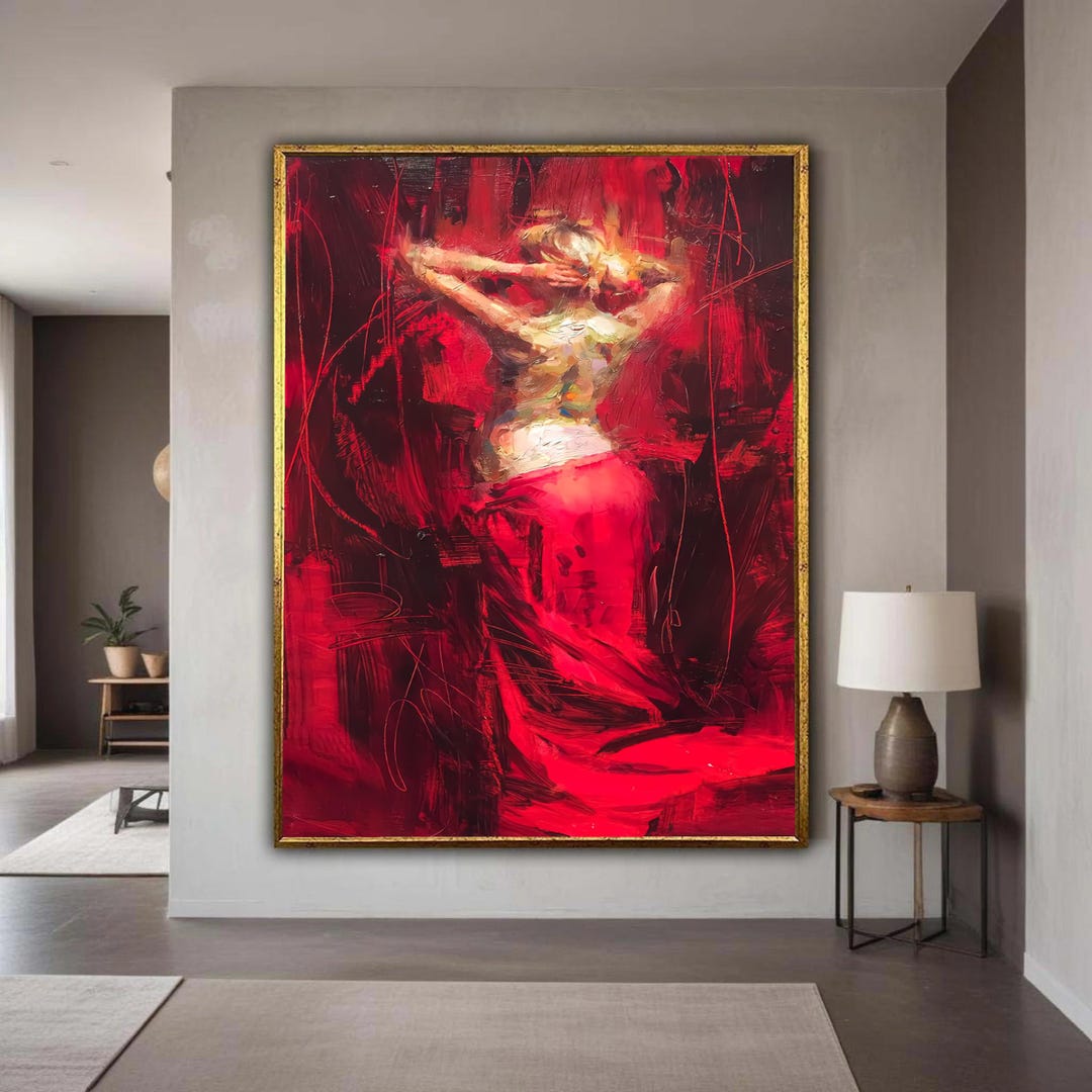 Sensual Abstract Female Form, Red Artistic Canvas, Modern Figurative ...