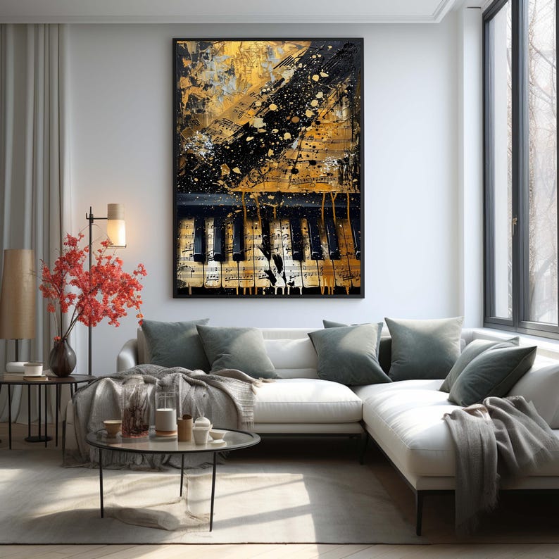 Abstract Piano Art, Musical Notes Canvas, Gold and Black Wall Art ...
