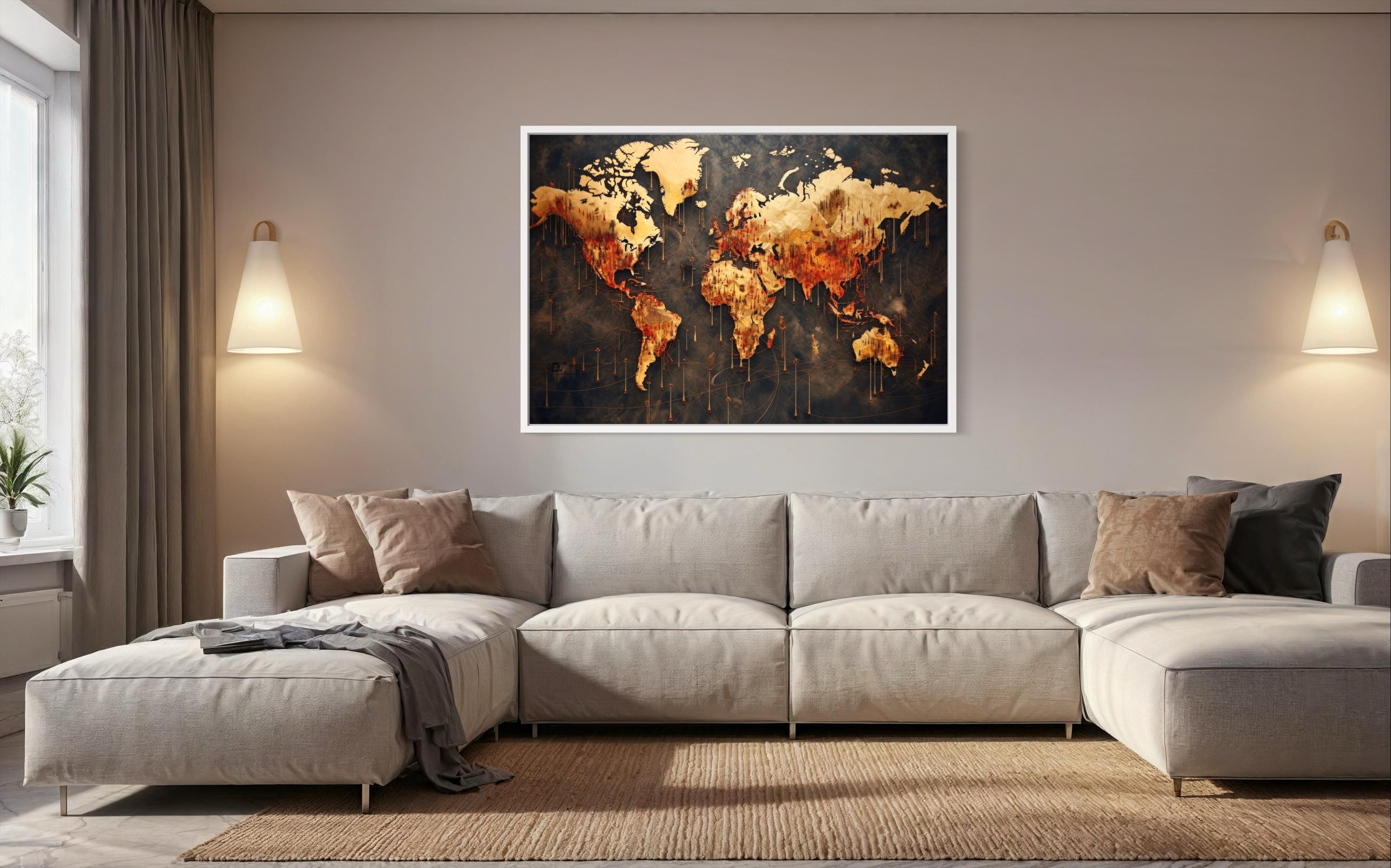Abstract World Map Art,modern Global Wall Art,textured World Map Canvas ...