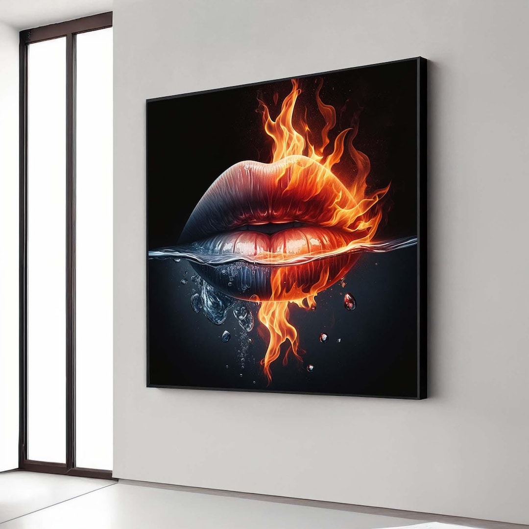Fire and Ice Lips Canvas,passionate Flames Wall Art,water and Fire Art ...