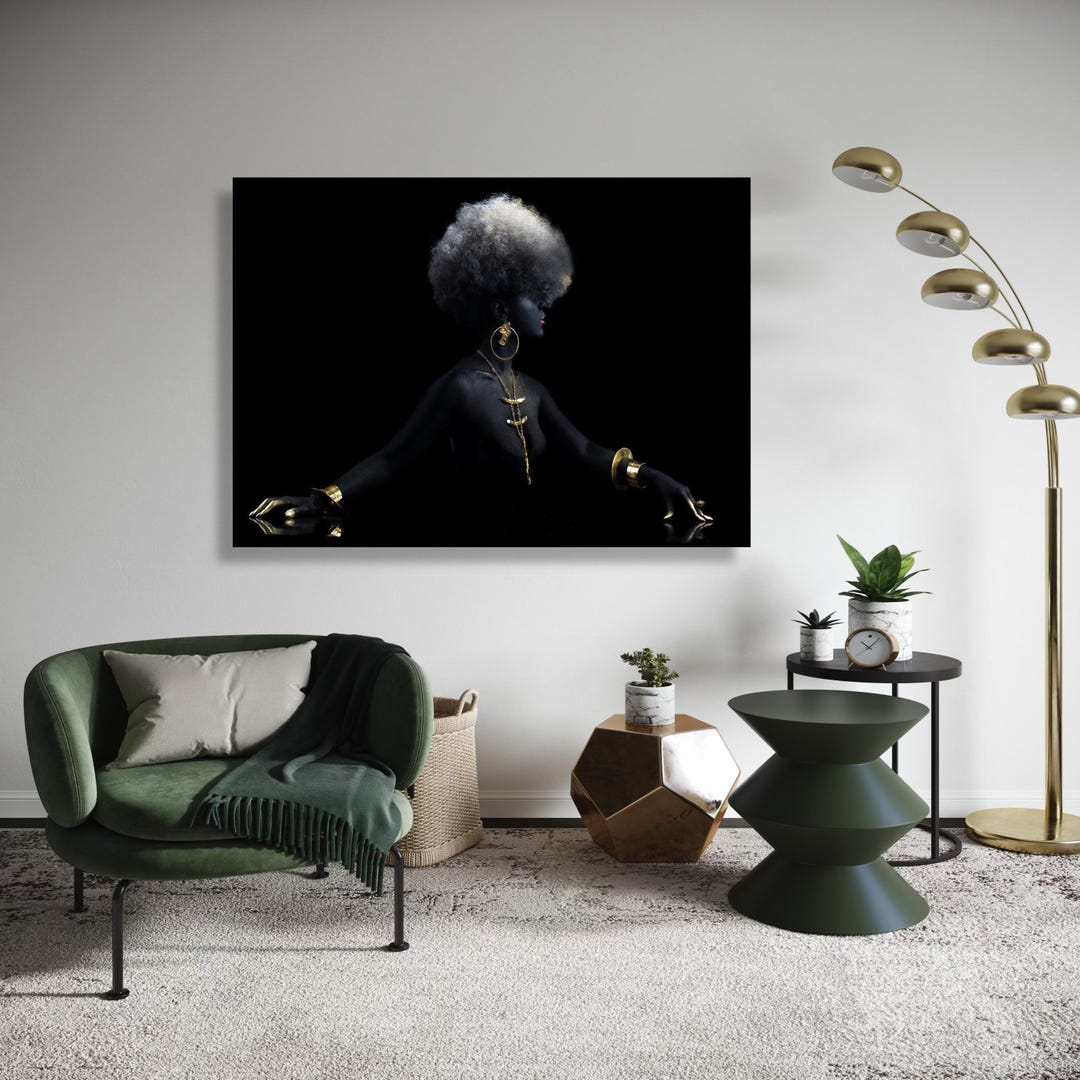 Elegant Afro Woman Portrait Canvas, Black Body Art Wall Decor, Gold ...