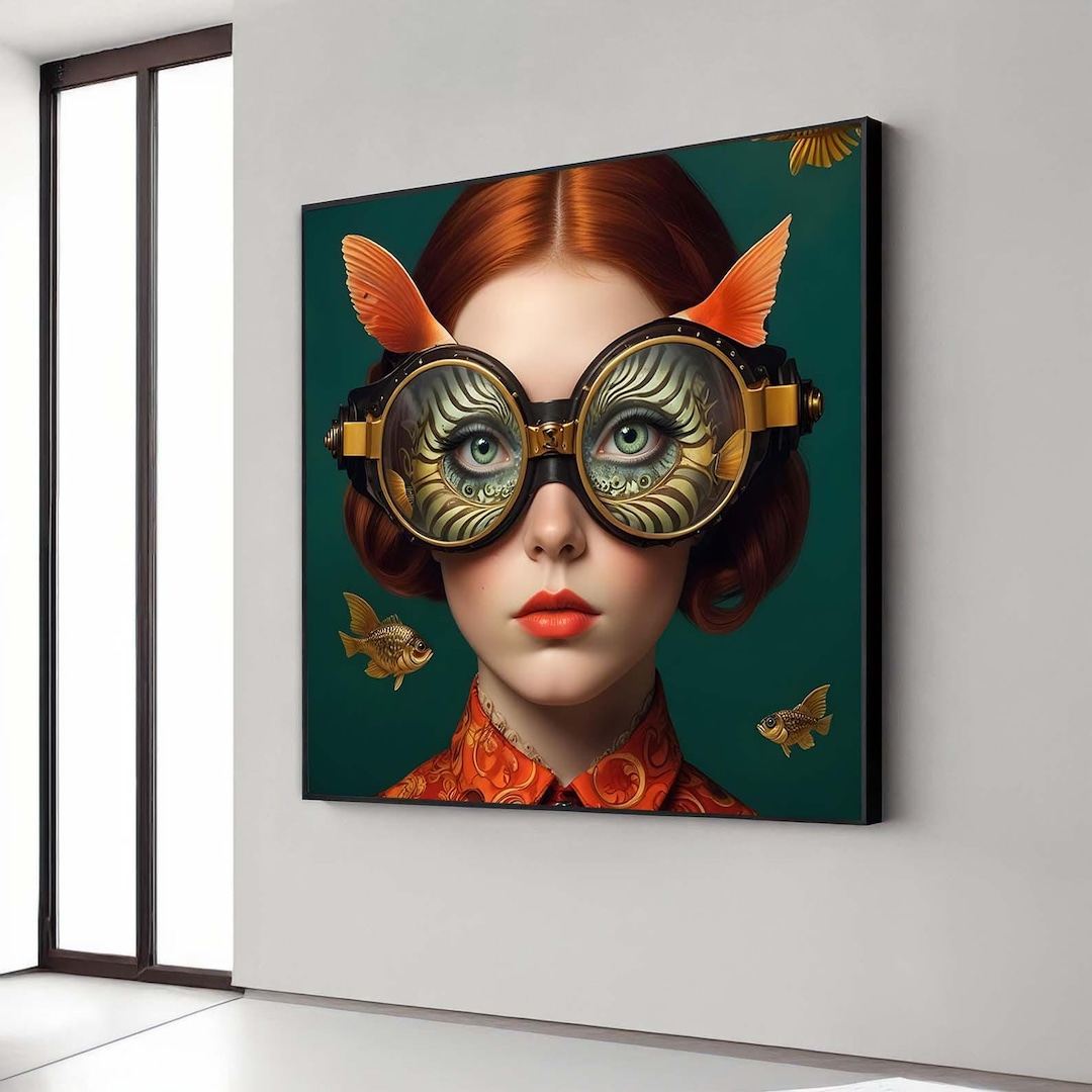 Surreal Woman Art, Surreal Woman With Fish, Oceanic Portrait Canvas ...