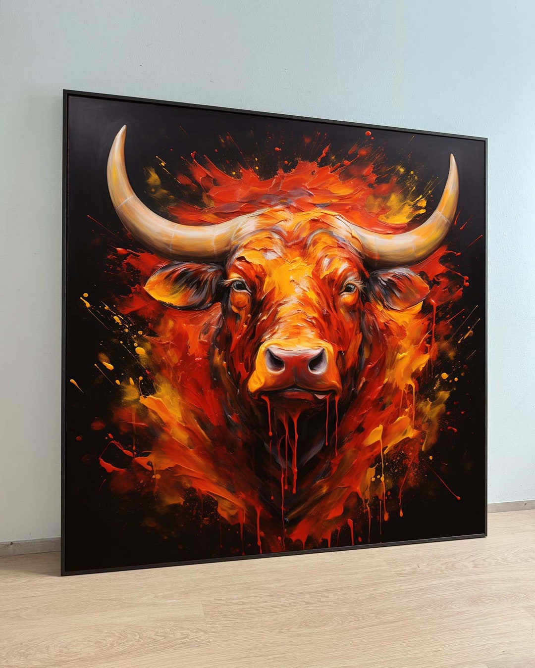 Fiery Bull Canvas, 3D Animal Wall Art, Bold Bull Head Painting, Vibrant ...