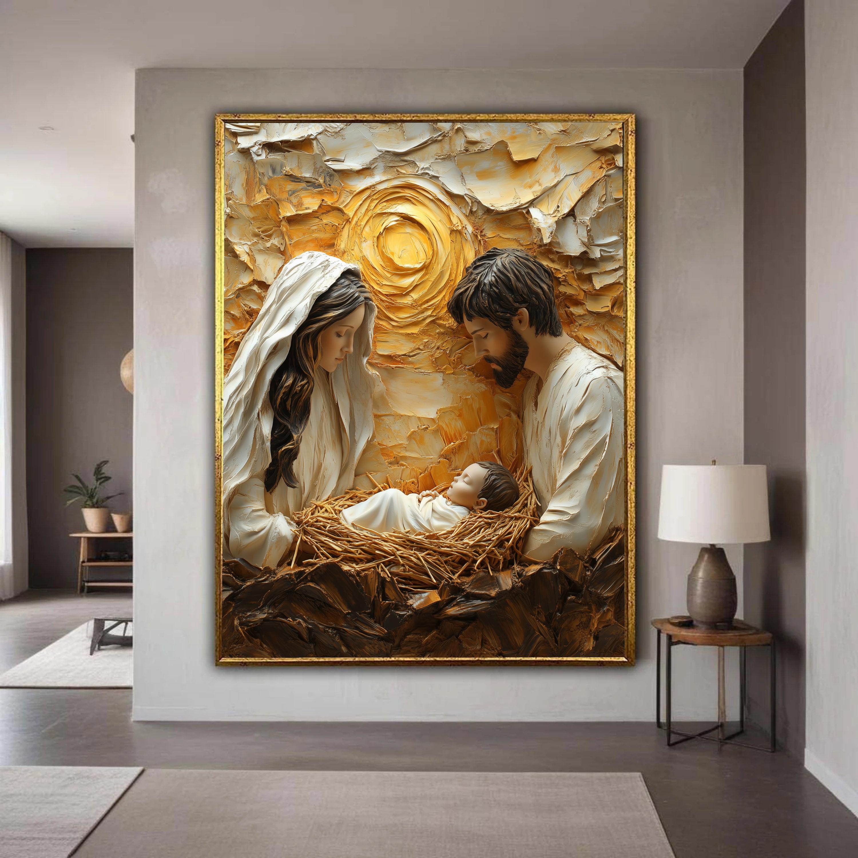 Nativity Scene Canvas Wall Art, Religious Holy Family Painting ...