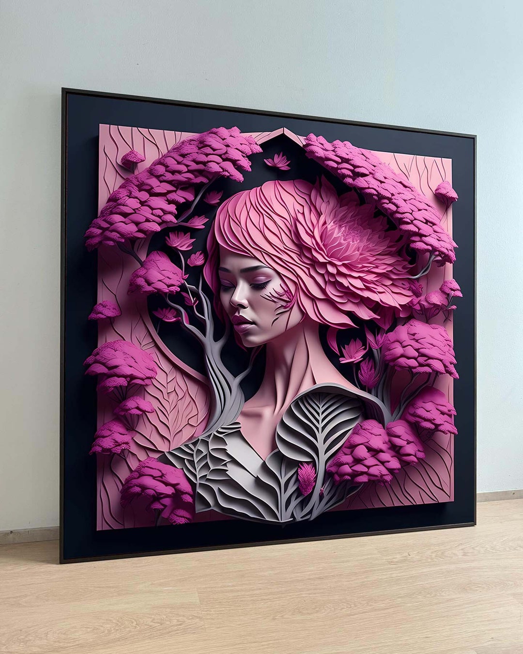 3D Floral Lady Art, Pink Flower Portrait, Modern Paper Cut Design ...