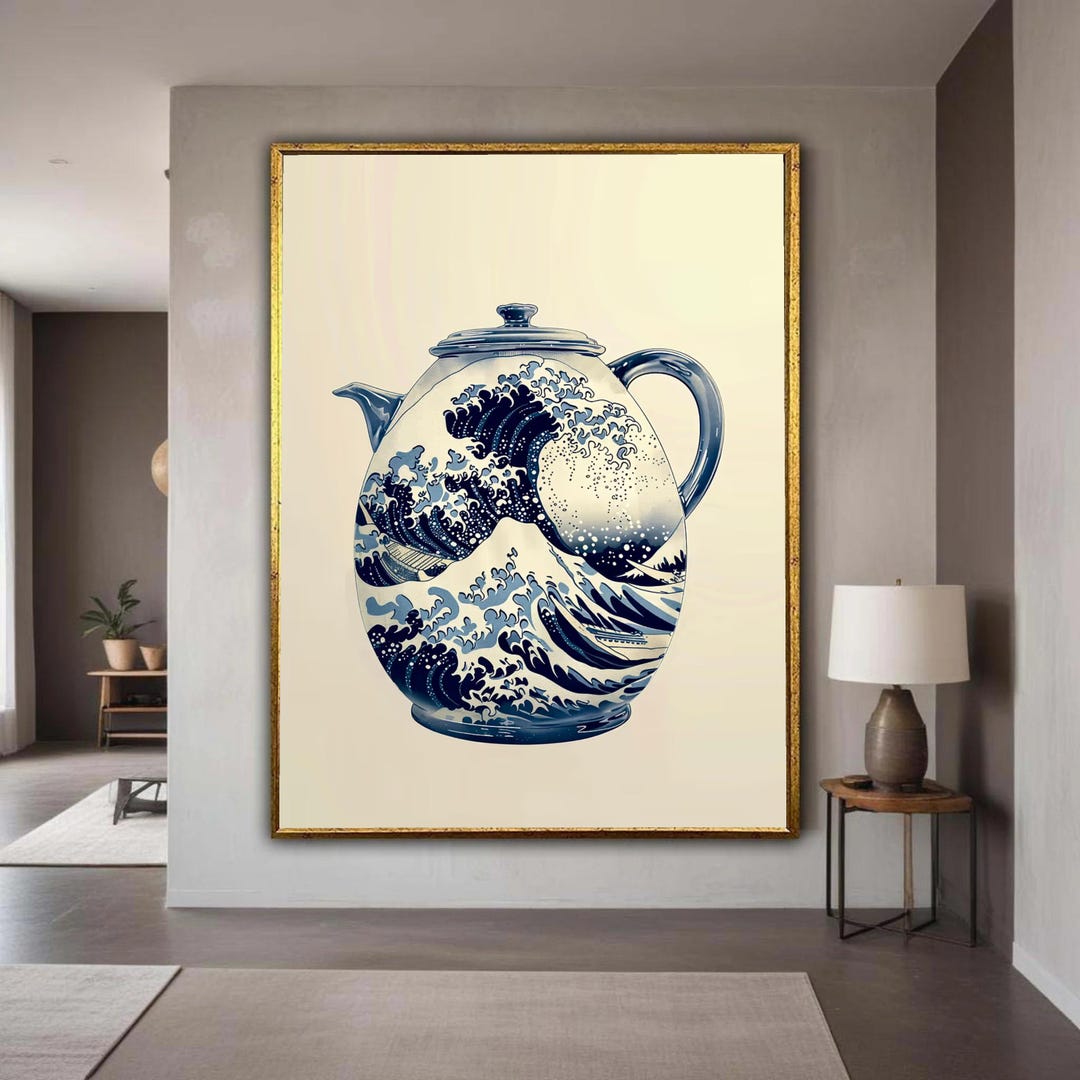 Ocean Wave Teapot Canvas Wall Art, Japanese Wave Print, Blue Ceramic ...