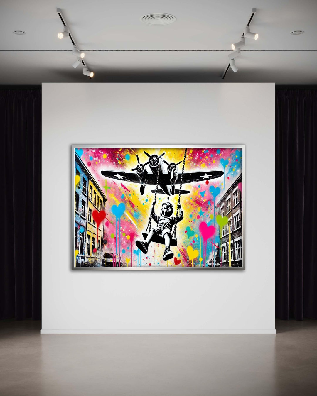 Urban Graffiti Canvas Print, Banksy Airplane Art, Child Swinging With ...