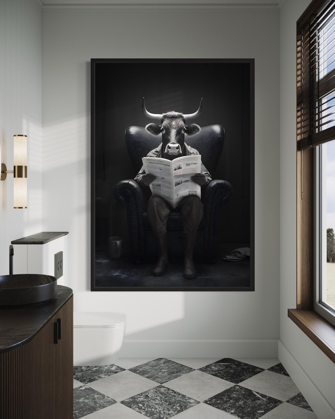 Cow Reading Newspaper Art Print, Surreal Animal Wall Art, Whimsical Cow ...