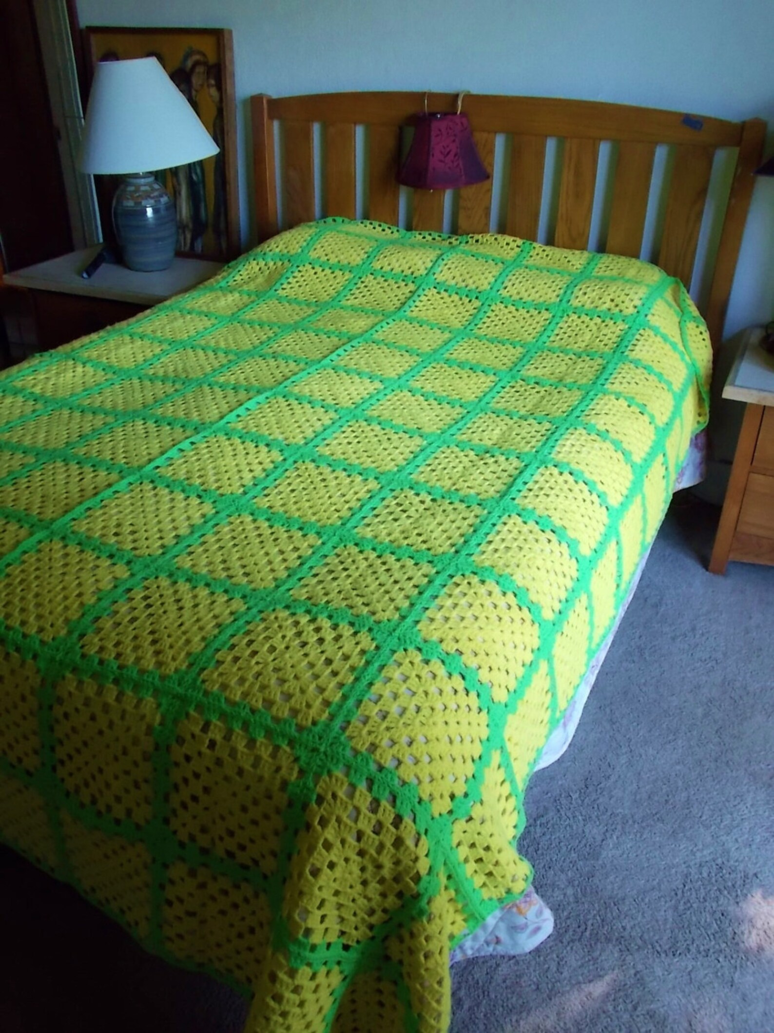 Vintage Granny Square Bedspread, Twin Double Queen, Sunny Yellow and ...