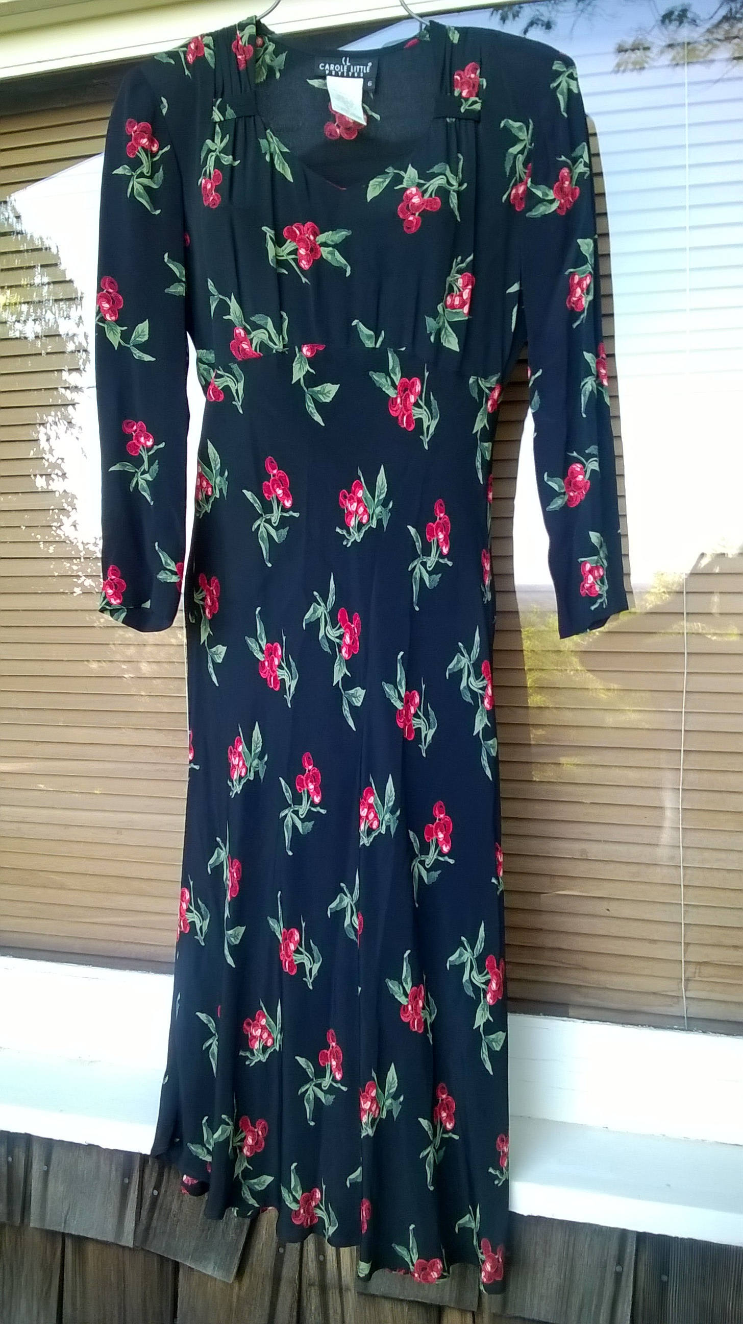Carol Little 80s Does 30s Cherries Print Rayon Dress Sz 6, Black and ...