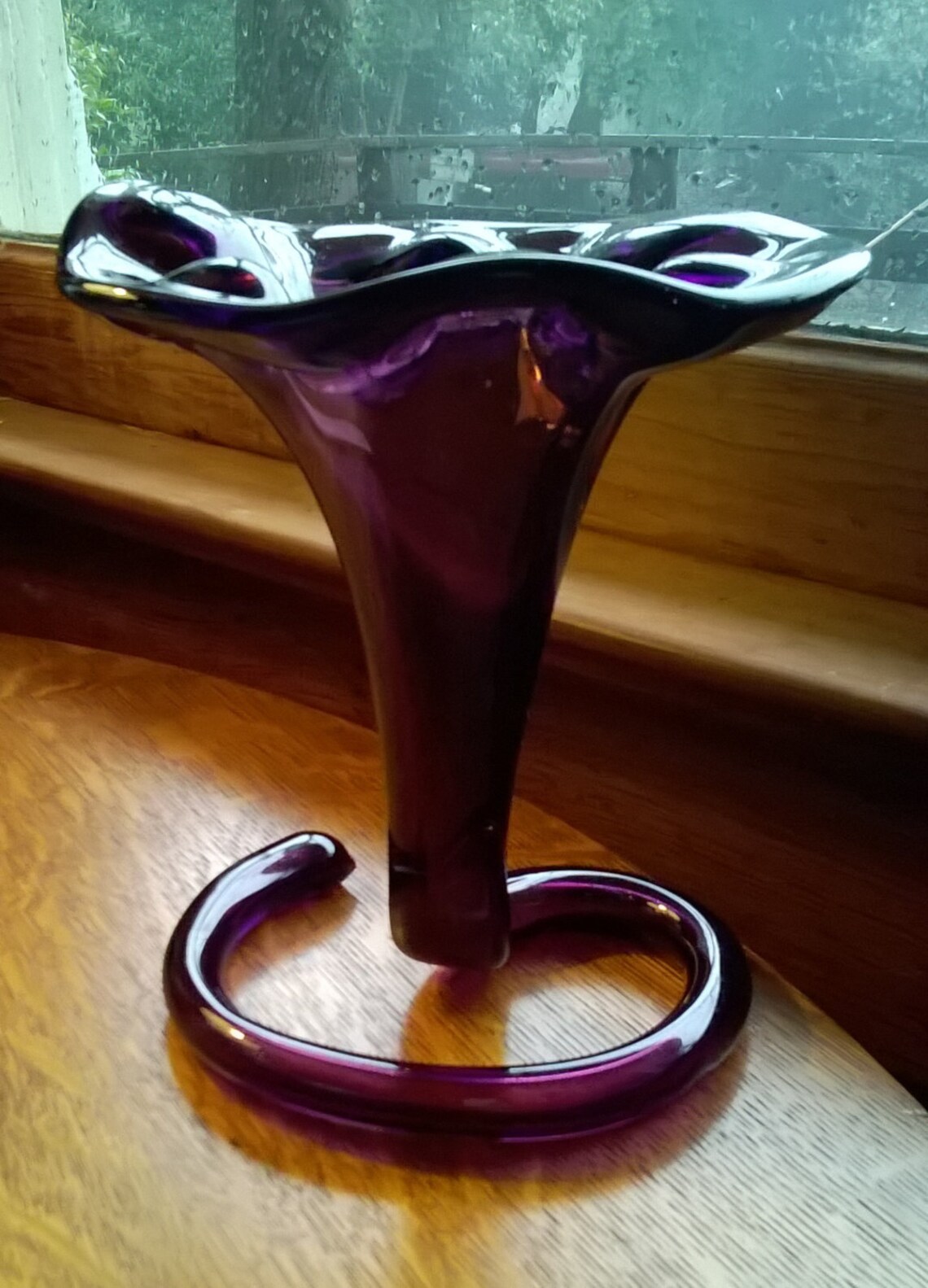 Amythyst Art Glass Trumpet Vase, Murano Style Hand Blown With Curled ...