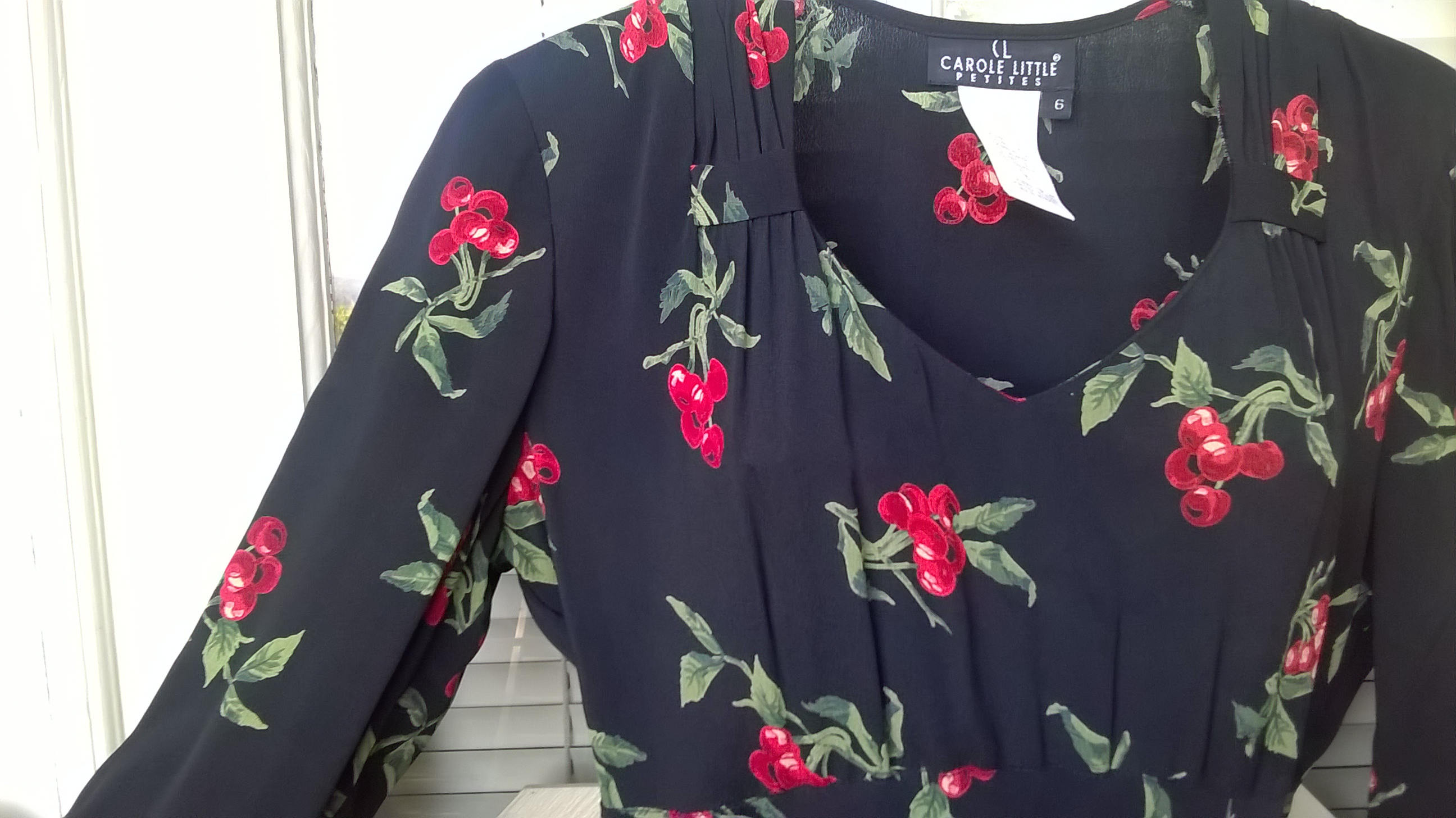 Carol Little 80s Does 30s Cherries Print Rayon Dress Sz 6, Black and ...