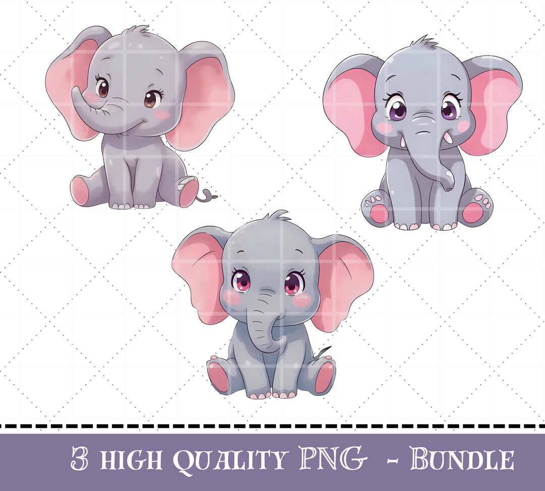 Cute Elephant in PNG, 3 Elephants Anime Style Kawaii Style Clipart ...