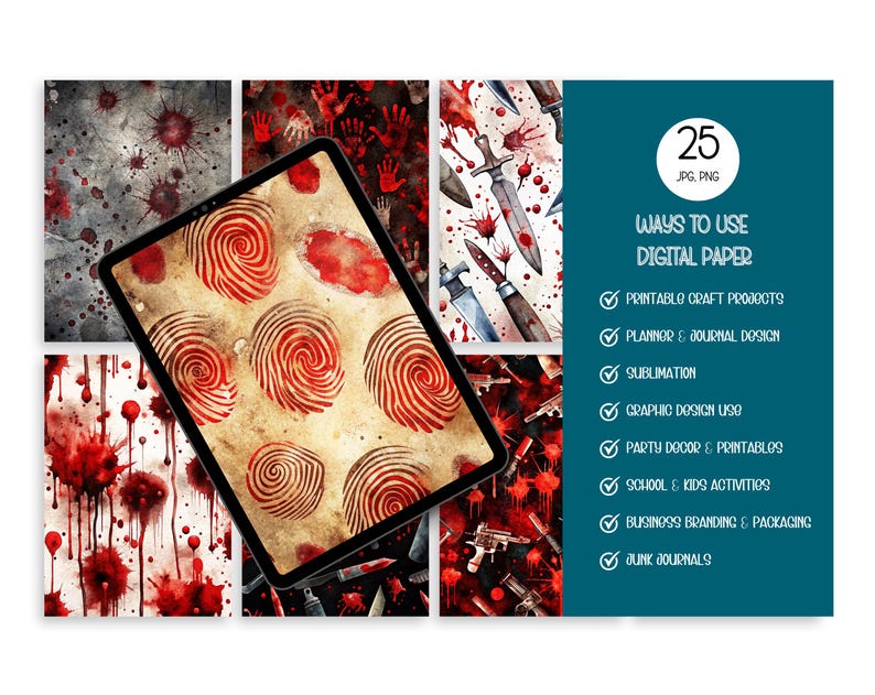 True Crime Digital Paper Pack: Bloody Handprints, Skulls (digital ...