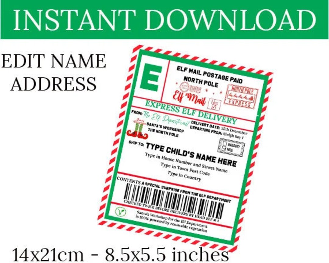 Elf Express Editable Mail Shipping Label North Pole Stickers Gift Tag ...