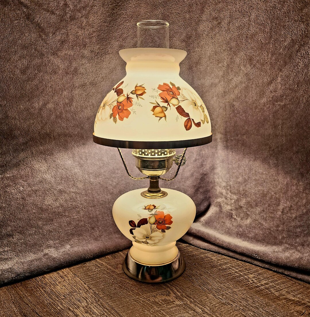 VINTAGE Milk Glass Electric Hurricane Lamp With White and Orange ...
