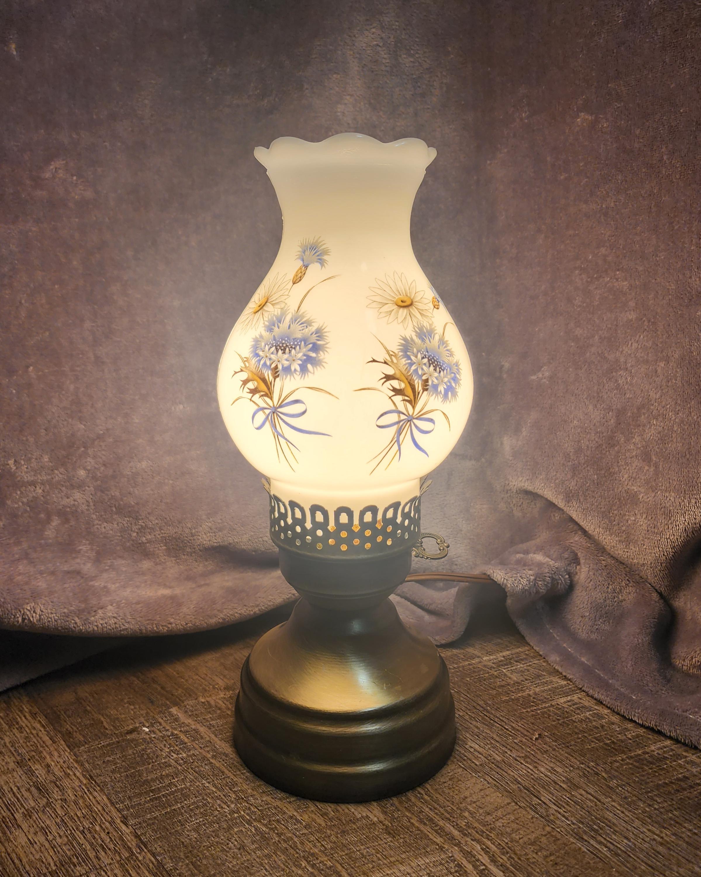 VINTAGE Milk Glass Hurricane Table Lamp With Blue Flowers - Etsy