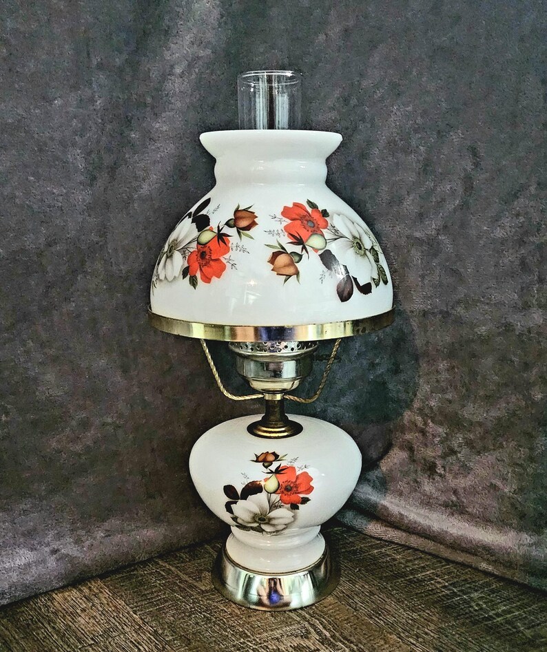 VINTAGE Milk Glass Electric Hurricane Lamp With White and Orange ...