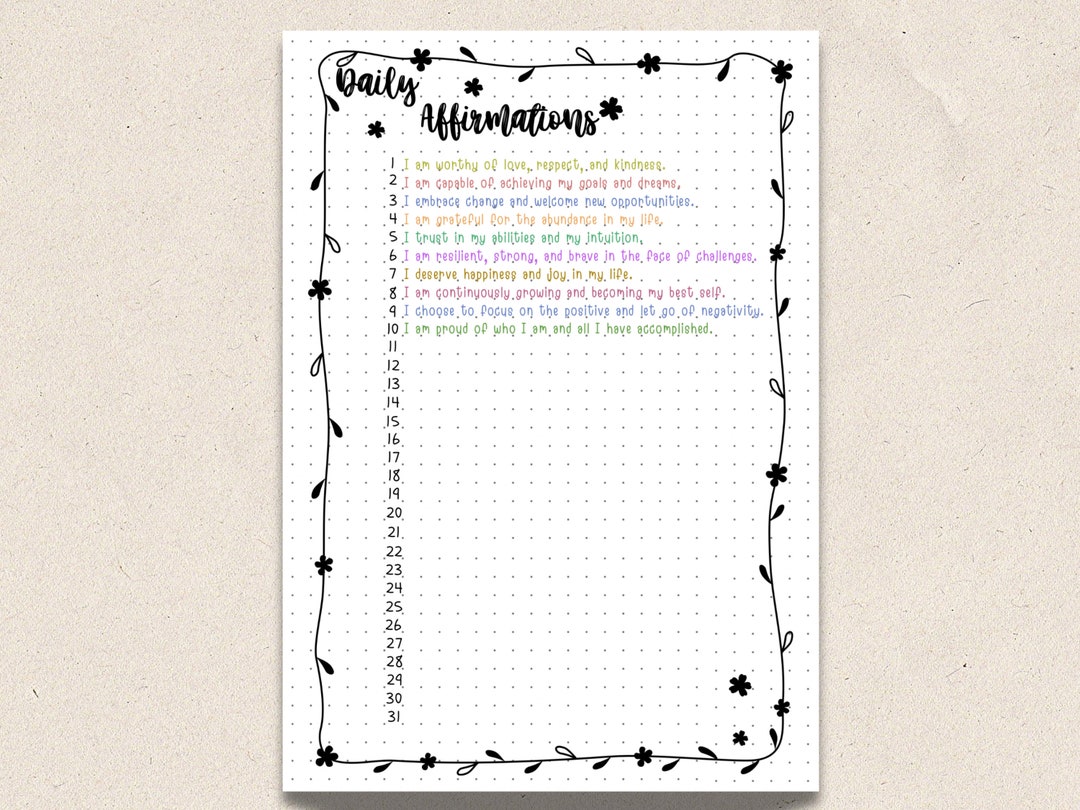 Daily Affirmations Printable Bullet Journal Page, A5 Journal Page ...