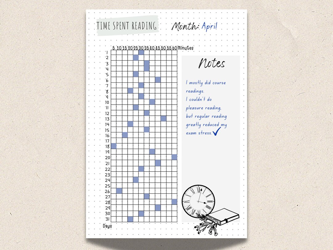 Reading Log Printable A5 Journal Page, Time Spent Reading Chart ...