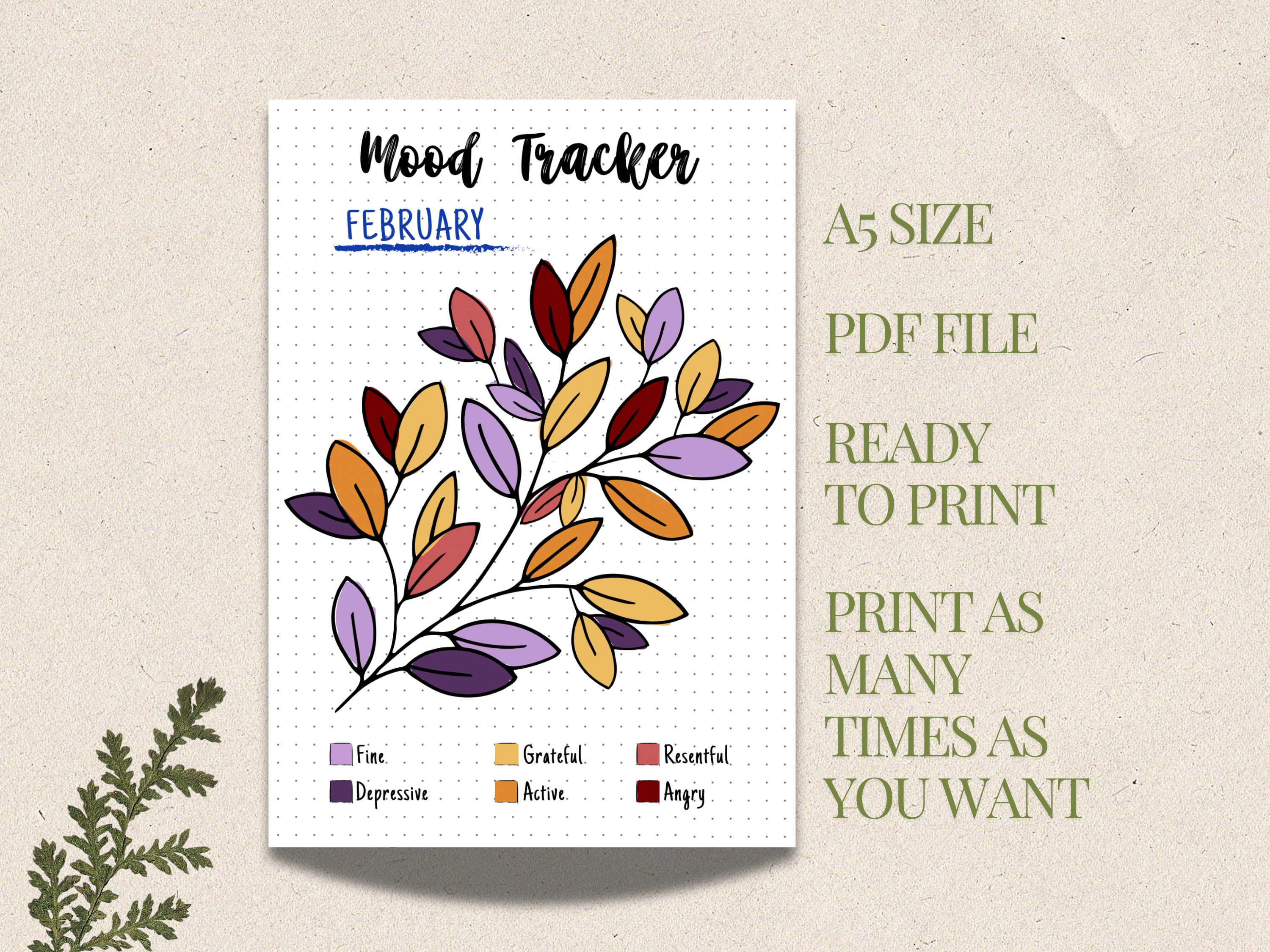 Color Emotion Chart, Mood Tracker Printable Monthly, A5 Journal Page ...