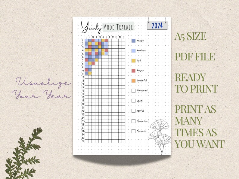 Yearly Mood Tracker Printable Journal, A5 Journal Page, Bipolar Daily ...
