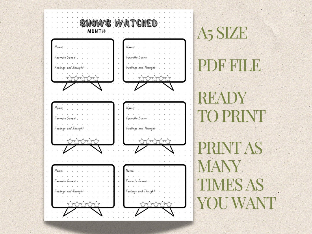 TV Shows Tracker Printable A5 Journal Page, TV Shows Watched Review ...