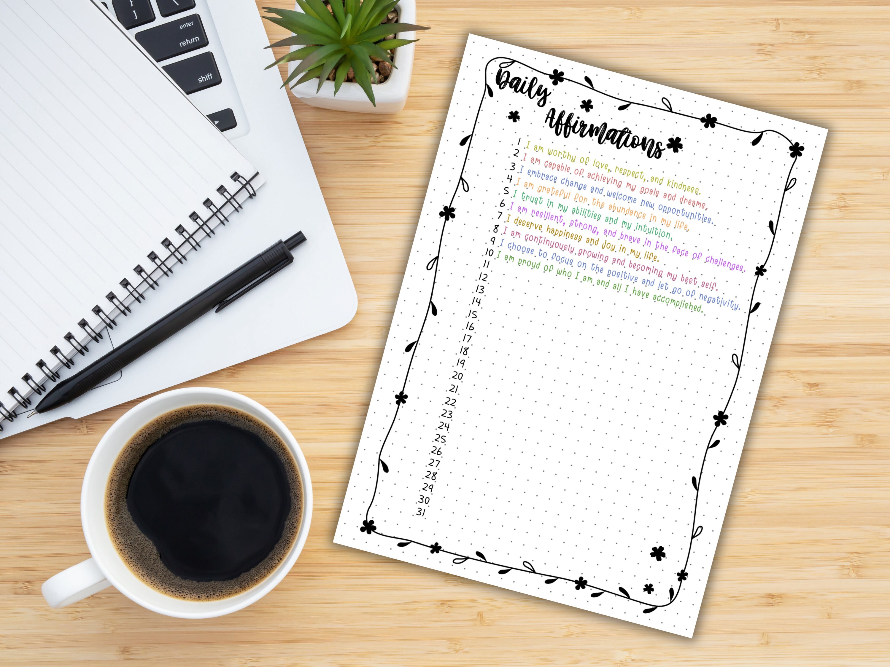 Daily Affirmations Printable Bullet Journal Page, A5 Journal Page ...