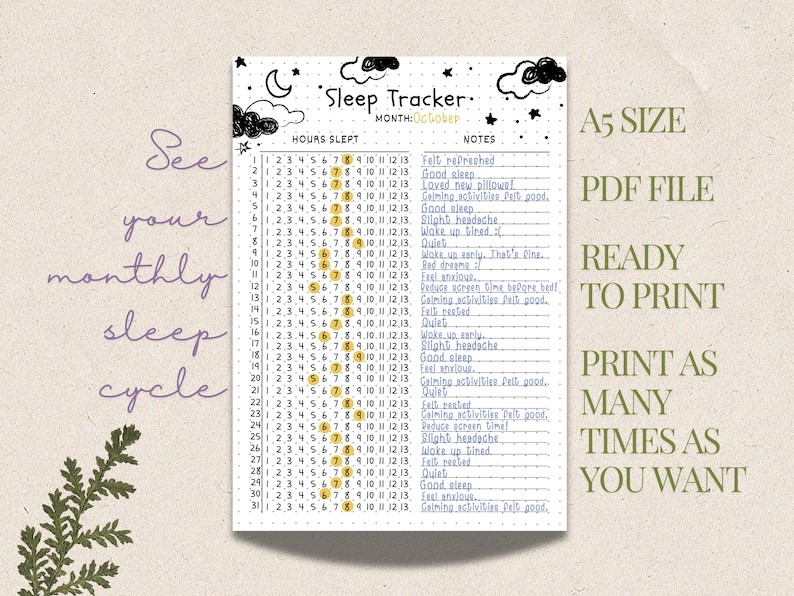 Sleep Tracker Printable Monthly Tracker, A5 Journal Page, Bullet ...