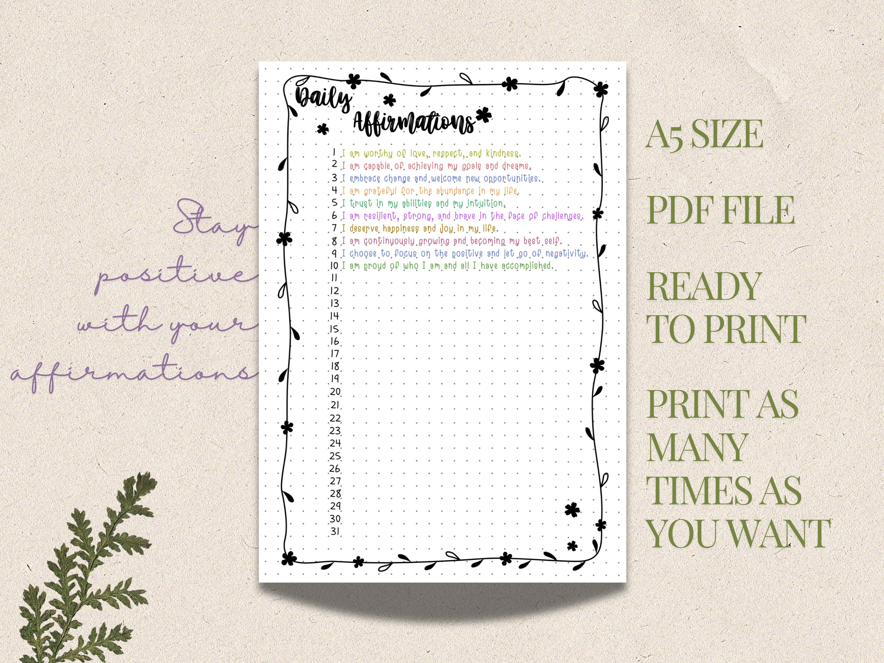 Daily Affirmations Printable Bullet Journal Page, A5 Journal Page ...