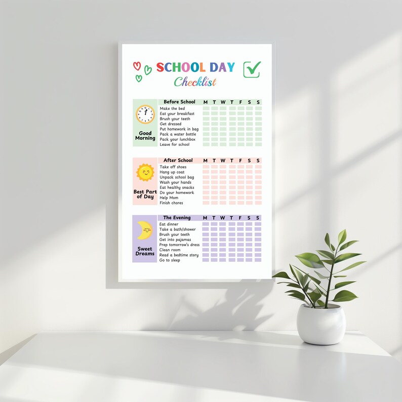 School Day Checklist for Kids, Daily Checklist, Kids Chore Chart Poster ...