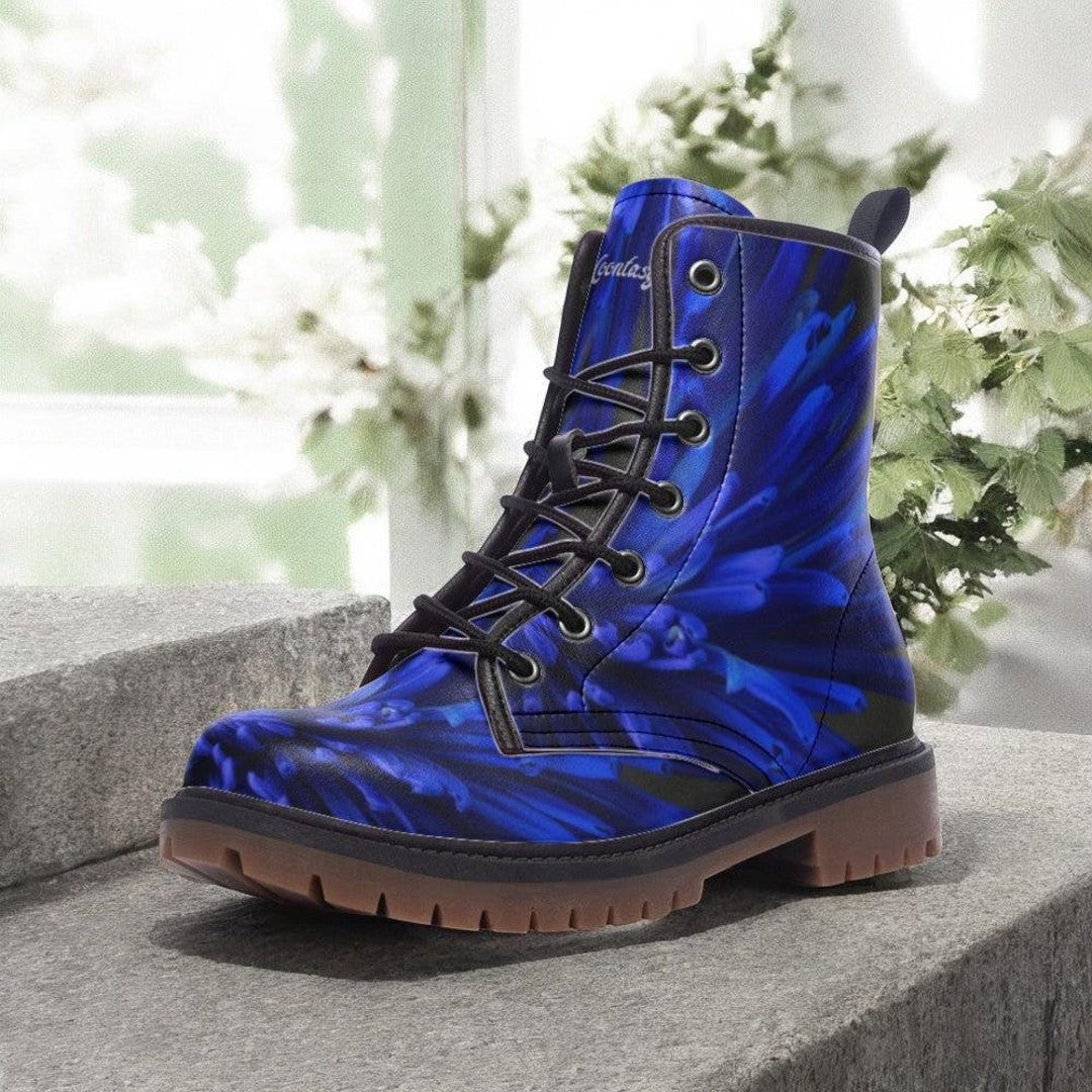 Deep Blue Floral Combat Boots|blossom Print Blue Lace-up Boots| Unique ...