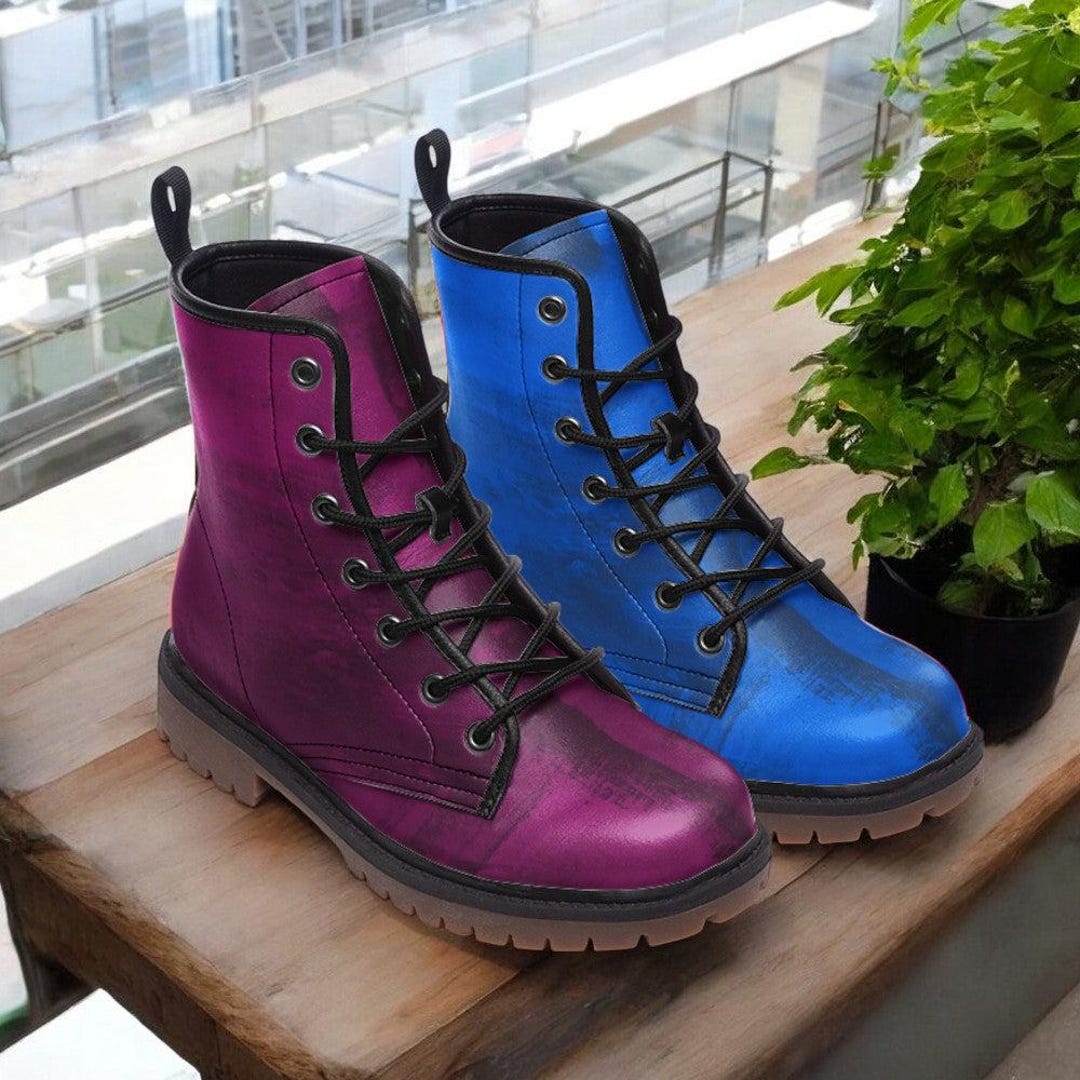 Mismatched Navy Blue & Plum Vegan Combat Boots | Faux Leather Lace up ...