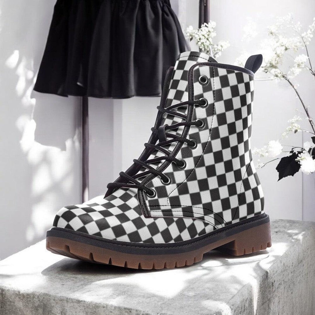 Monochrome Checkered Lace-up Boots Black and White Grid Leather Combat ...