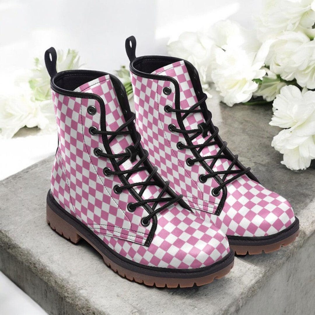 Hot Pink and White Checkmate Vegan Combat Boots| Vintage Grid Lace up ...