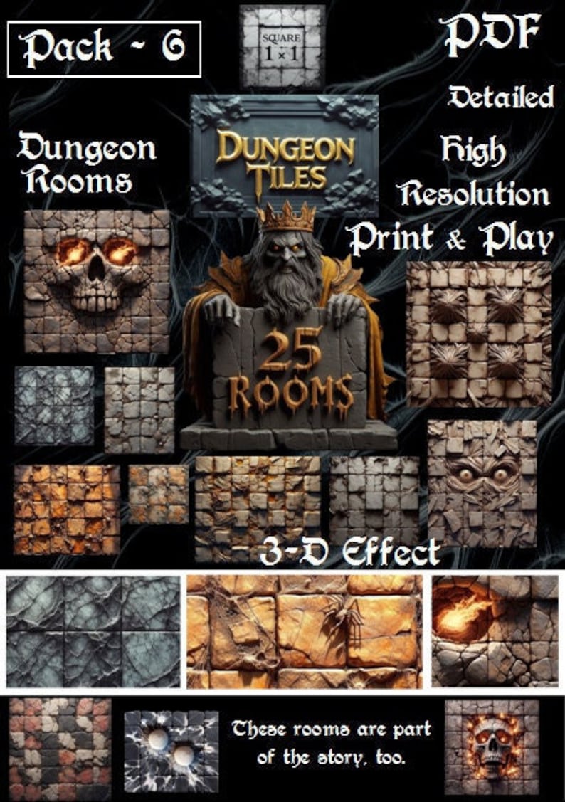 Dungeon Tiles Pack 6 25 Rooms 1 X 1 Tiles Print and Play Rooms 3D ...