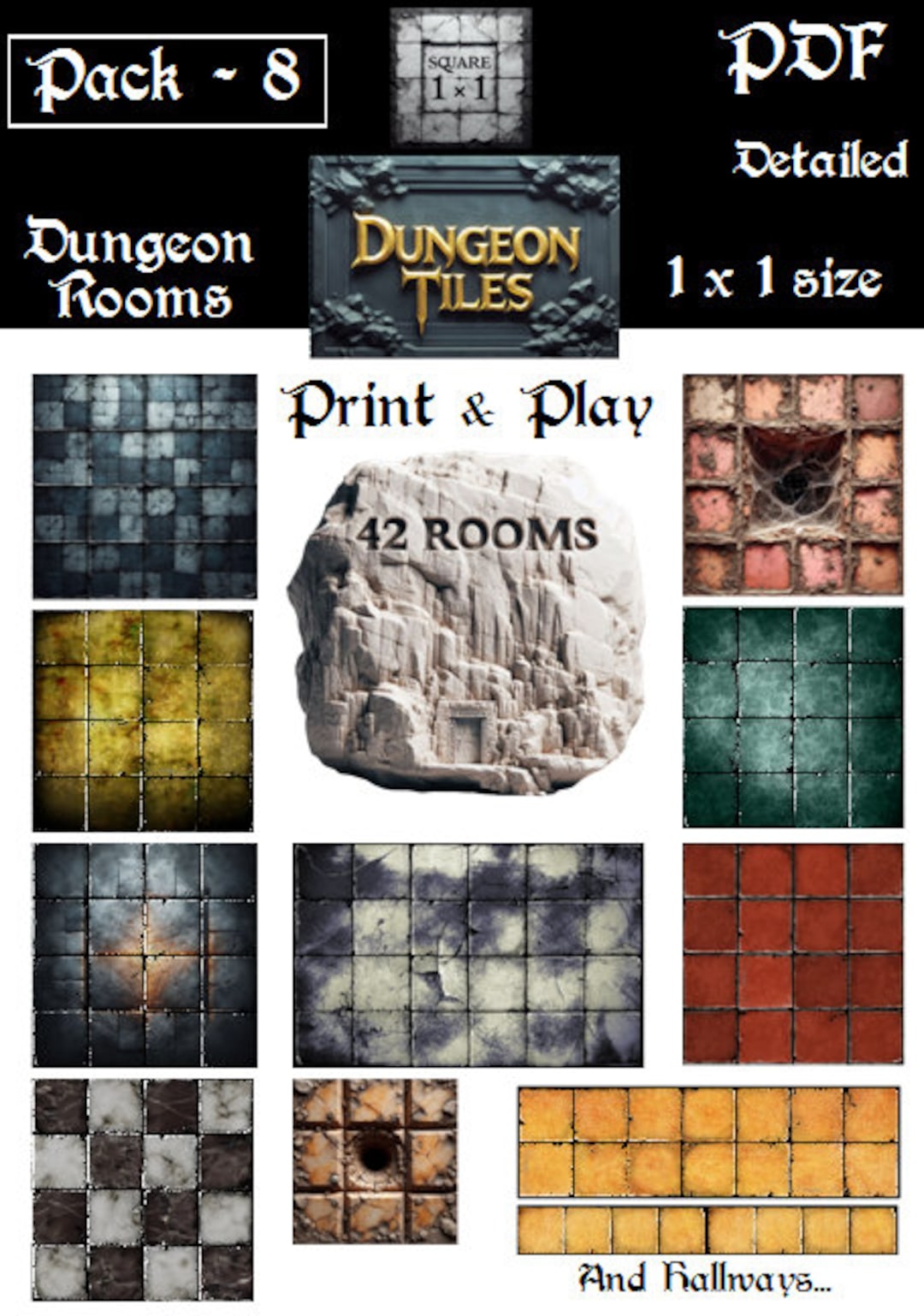 Dungeon Tiles - Pack 8 - 42 Rooms - 1 X 1 Tiles - Print and Play Rooms ...