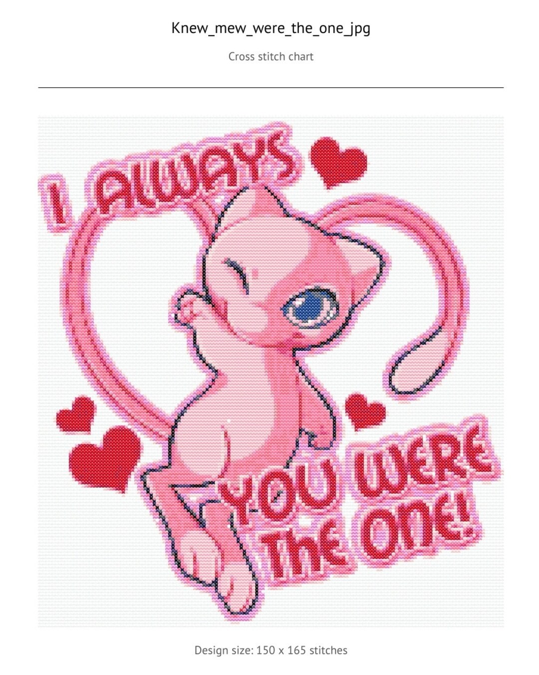 Mew Cute Cross Stitch Pattern Suits Valentines Gift 150 X 165 Stitches ...