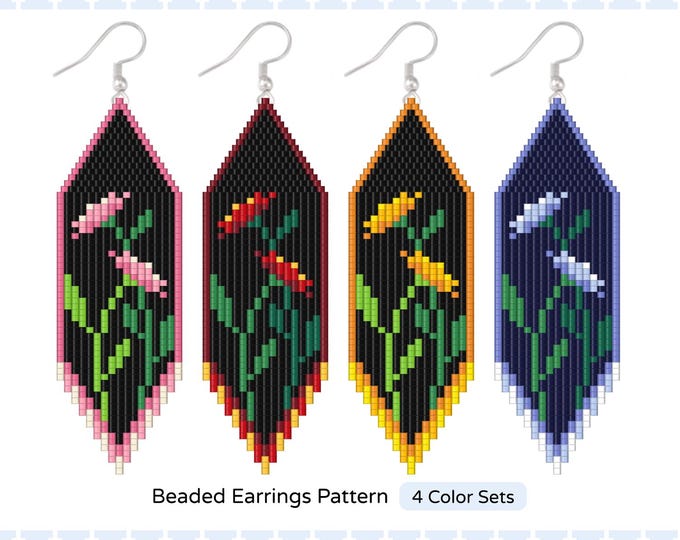 Flower Beaded Earring Pattern: Brick Stitch Fringe, Miyuki Delica (PDF ...
