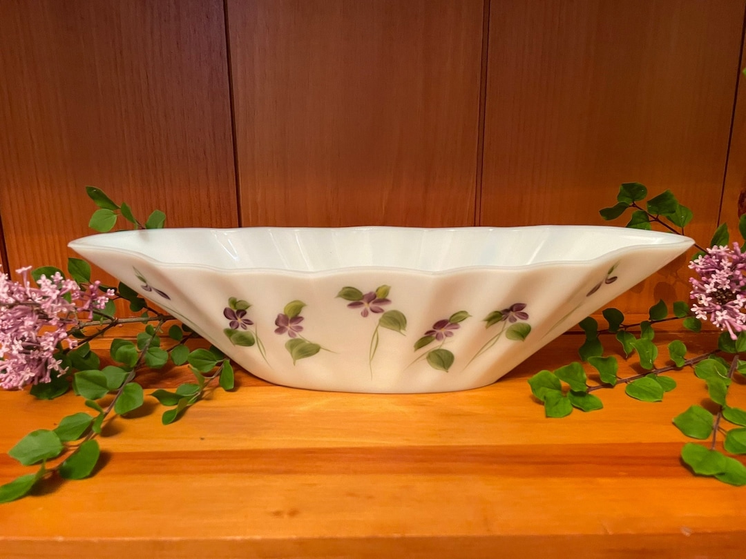 Rare Vintage Milk Glass Fluted Oblong Bowl - Hand-painted Violets - Etsy
