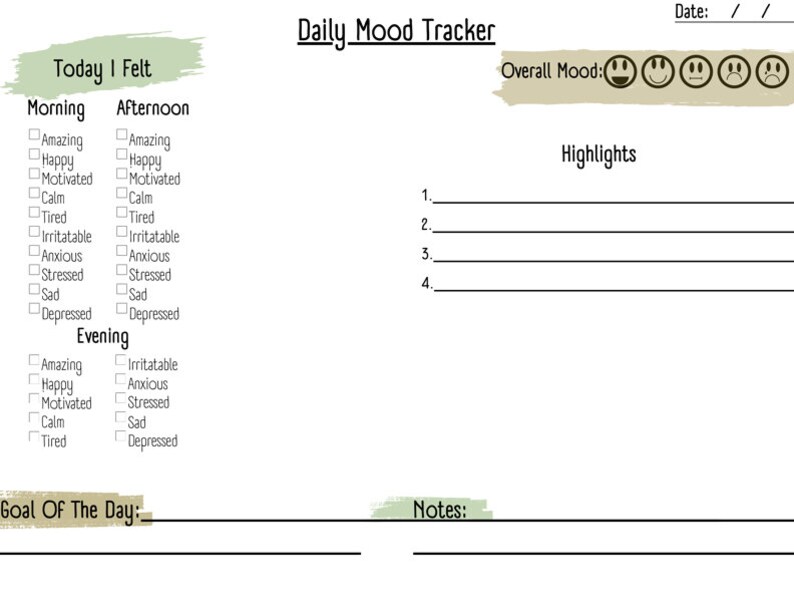Daily Mood Tracker, Landscape US Letter, Everyday Mood Journal, Mental ...