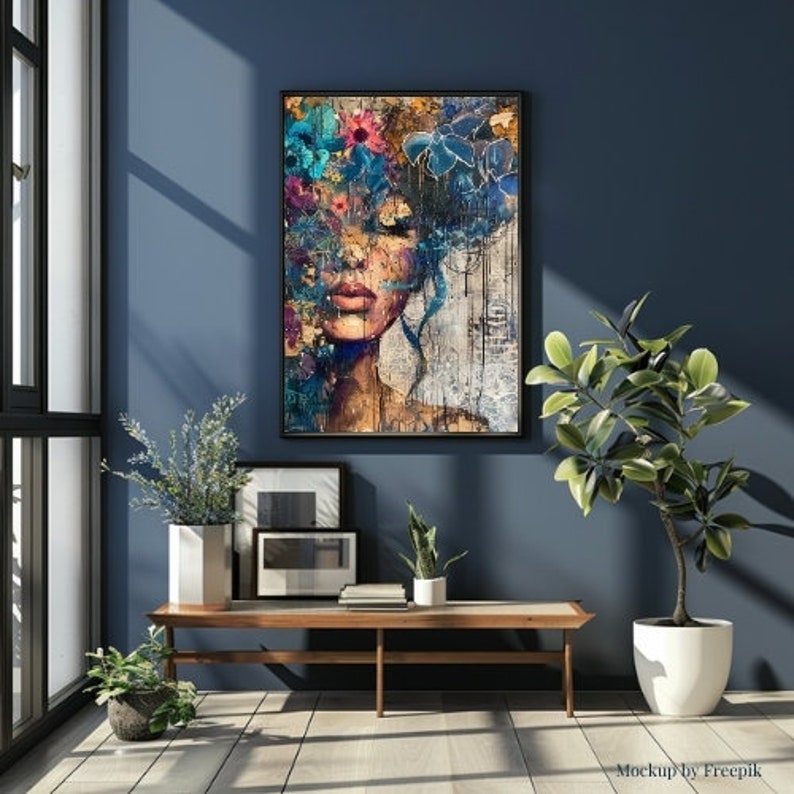 Boho, Lady With Flowers in Her Hair, Digital Wall Art, Head of Flowers ...